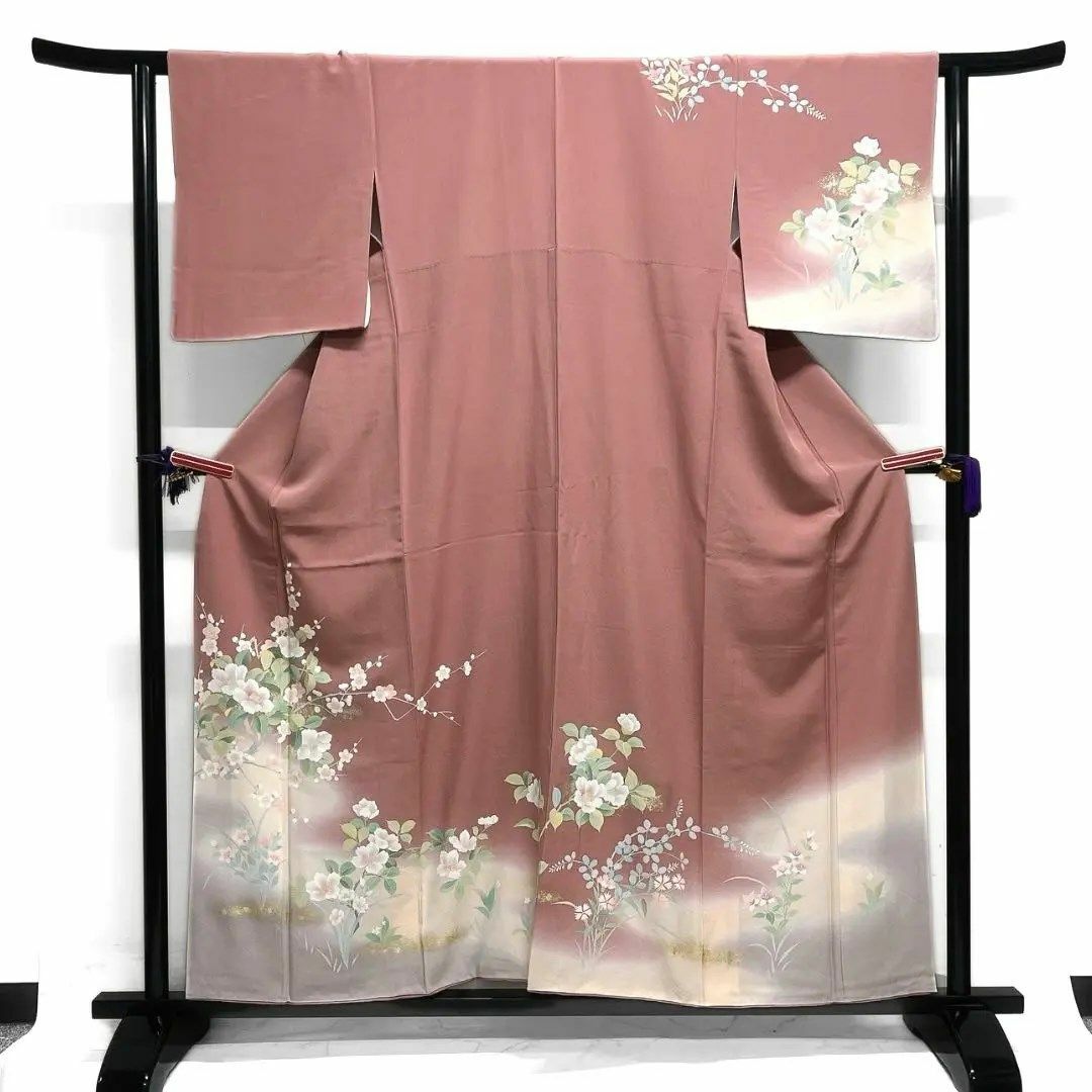 訪問着 金彩 椿 梅 桜 撫子 花模様 くすみカラー 着物 032a dの 訪問着 金彩 椿 梅 桜 撫子 花模様 くすみカラー 着物 032a dの