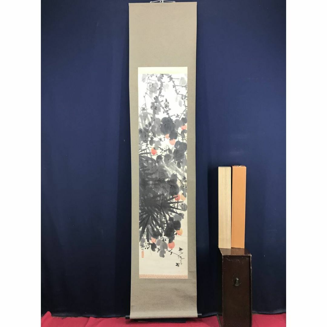 真作/下村為山/柿に小禽図/花鳥図/柿に小鳥図/雀/掛軸☆宝船☆AF 真作/下村為山/柿に小禽図/花鳥図/柿に小鳥図/雀/掛軸☆宝船☆AF