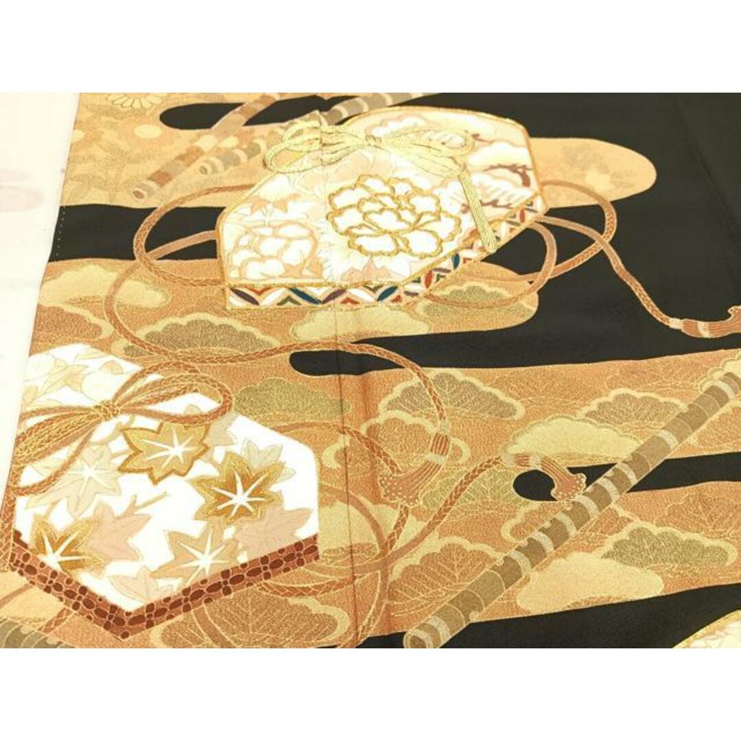 平和屋着物□豪華黒留袖 駒刺繍 花文箱文 笛 金彩 正絹 逸品 平和屋着物□豪華黒留袖 駒刺繍 花文箱文 笛 金彩 正絹 逸品