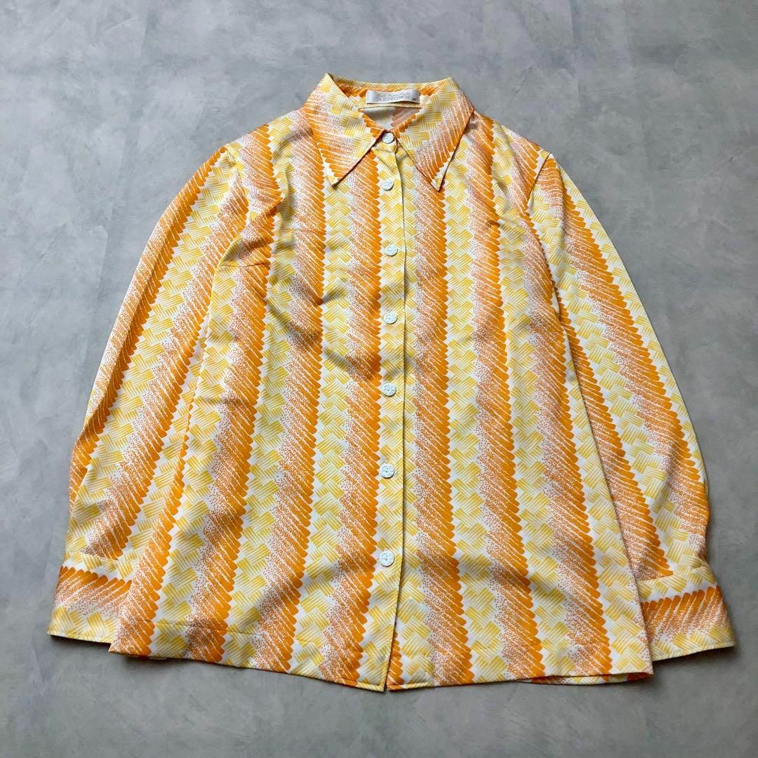 VINTAGE - 昭和レトロパターン柄長袖シャツブラウスストライプ VINTAGE - 昭和レトロパターン柄長袖シャツブラウスストライプ