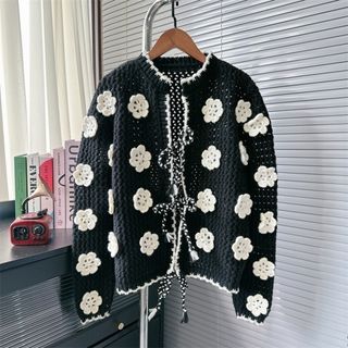 黒 フラワー モチーフ カーディガン フリーサイズ レディース 花 黒 フラワー モチーフ カーディガン フリーサイズ レディース 花