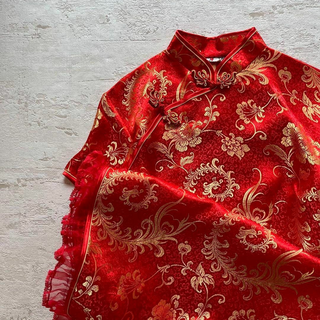 VINTAGE - チャイナドレスフリル付き派手柄ゆったりサイズロング VINTAGE - チャイナドレスフリル付き派手柄ゆったりサイズロング