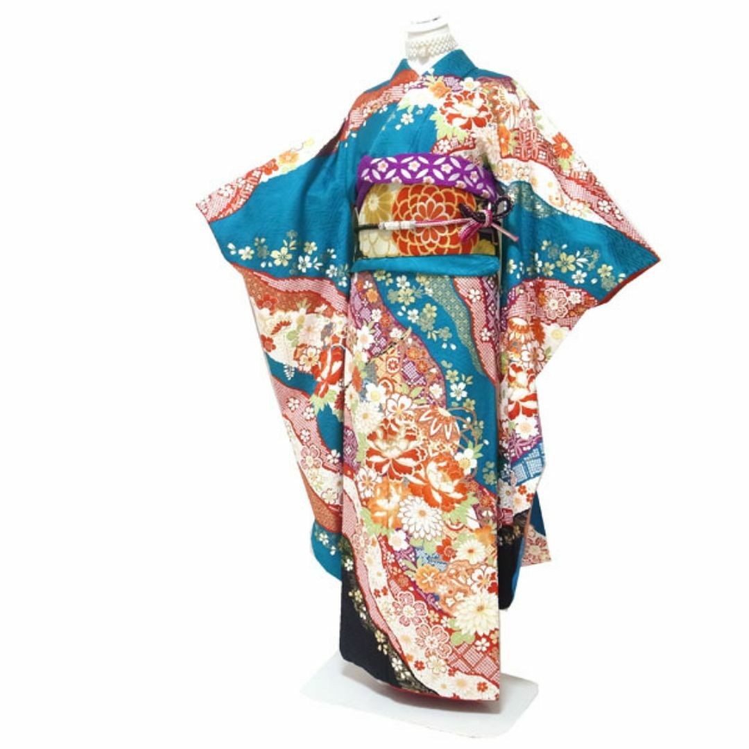 振袖 着物 刺繍 青緑 ターコイズグリーン 裄67.5 L 中古 sn1075 振袖 着物 刺繍 青緑 ターコイズグリーン 裄67.5 L 中古 sn1075