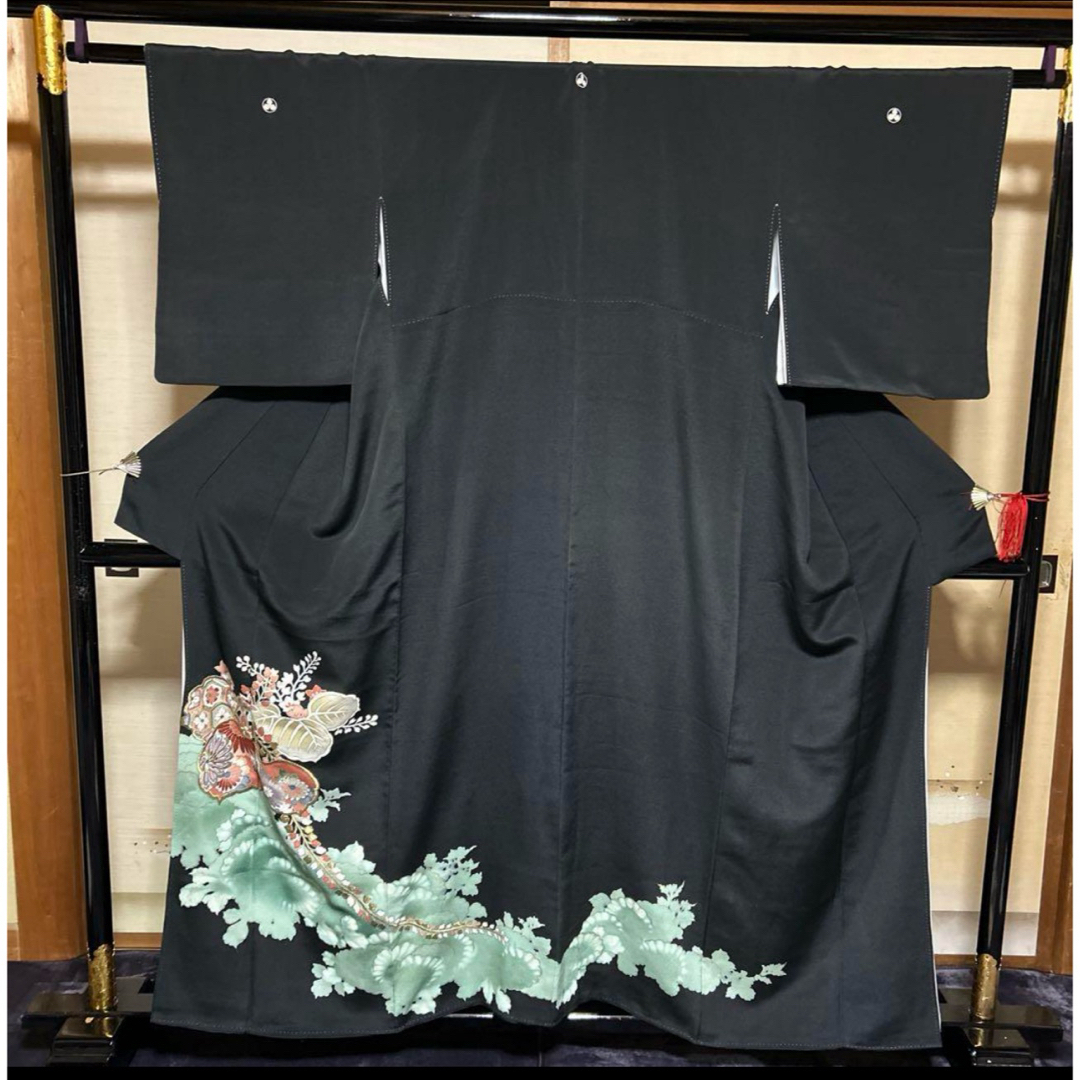 正絹5つ紋縮緬黒留袖フルセット4点 美品着物+正絹帯+帯締め+ 正絹5つ紋縮緬黒留袖フルセット4点 美品着物+正絹帯+帯締め+