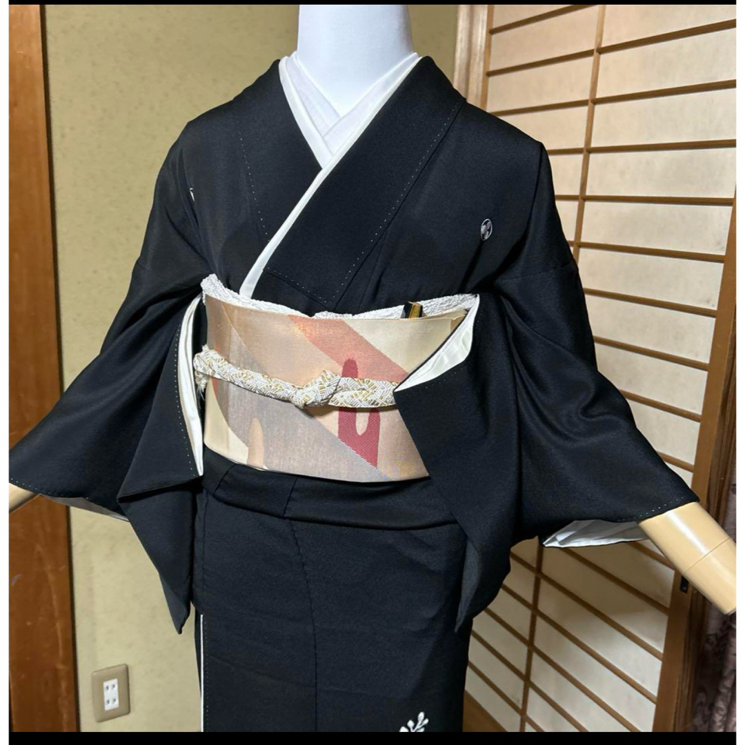 正絹5つ紋縮緬黒留袖フルセット4点 美品着物+正絹帯+帯締め+ 正絹5つ紋縮緬黒留袖フルセット4点 美品着物+正絹帯+帯締め+