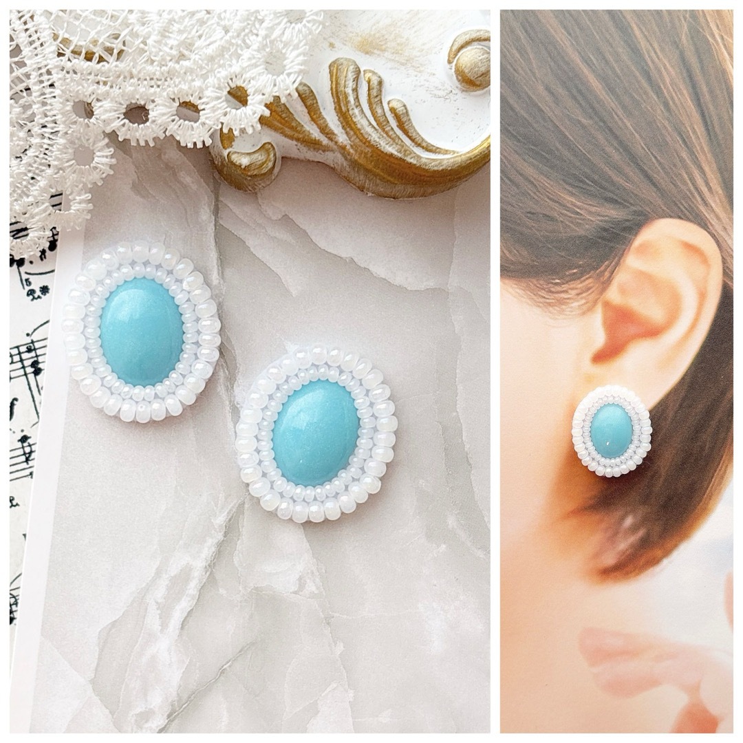 240 ライトブルー ビーズ刺繍 オーバル型 ピアス / イヤリングの 240 ライトブルー ビーズ刺繍 オーバル型 ピアス / イヤリングの