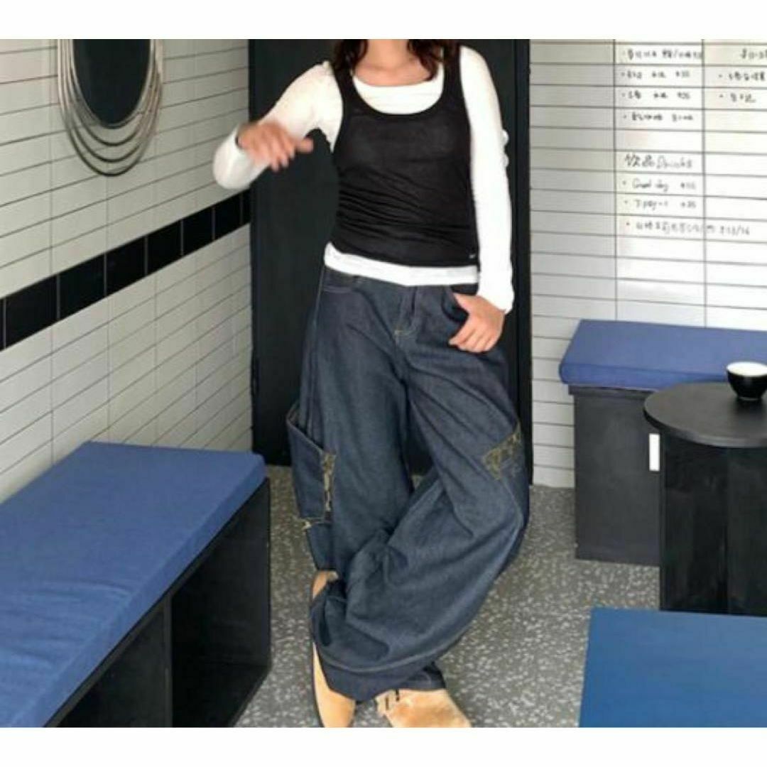 ワイドパンツ デニム ストリート 男女兼用 ジーンズ ヒョウ柄 ワイドパンツ デニム ストリート 男女兼用 ジーンズ ヒョウ柄