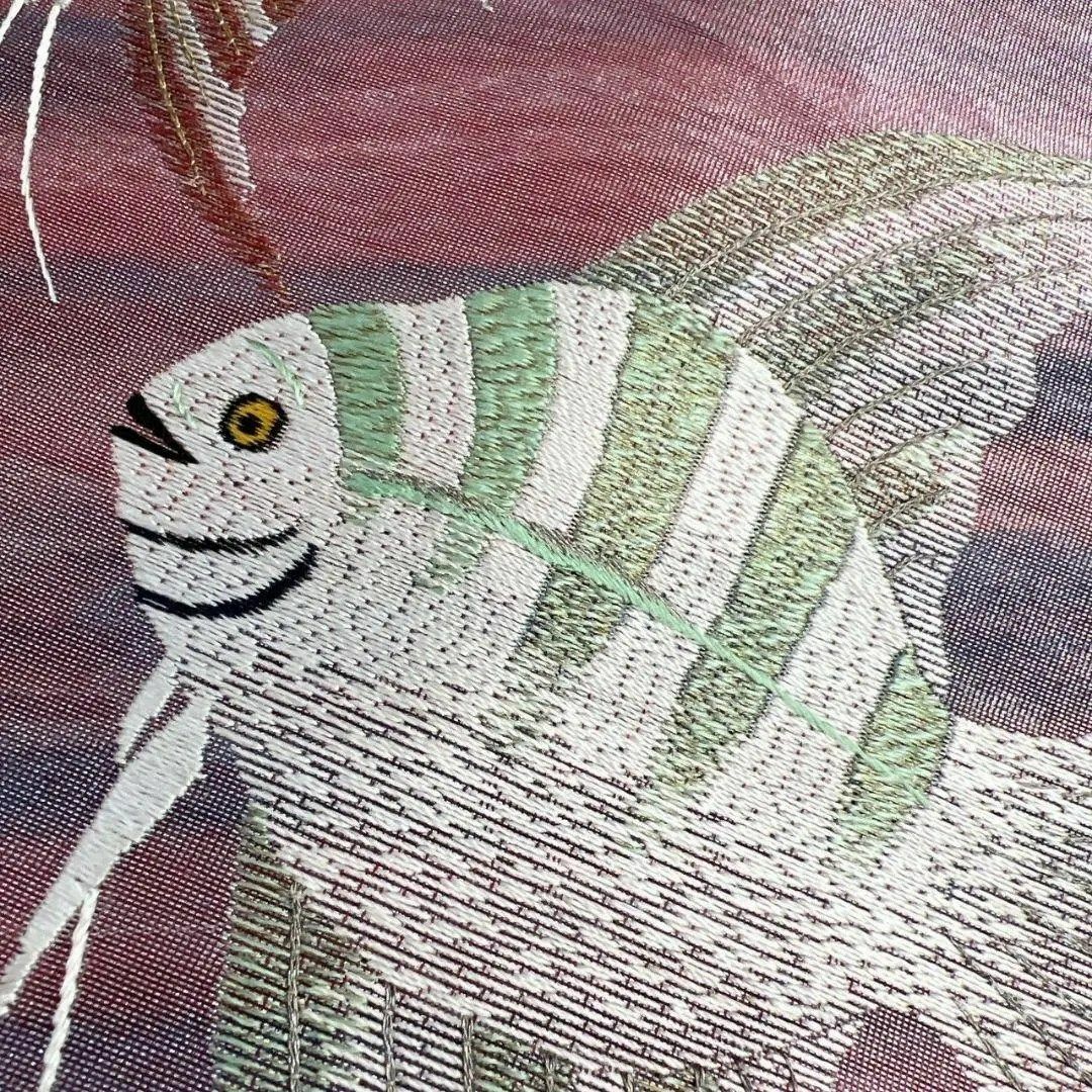 名古屋帯 アンティーク 刺繍 エンジェルフィッシュ 水草 夏用 紗 名古屋帯 アンティーク 刺繍 エンジェルフィッシュ 水草 夏用 紗