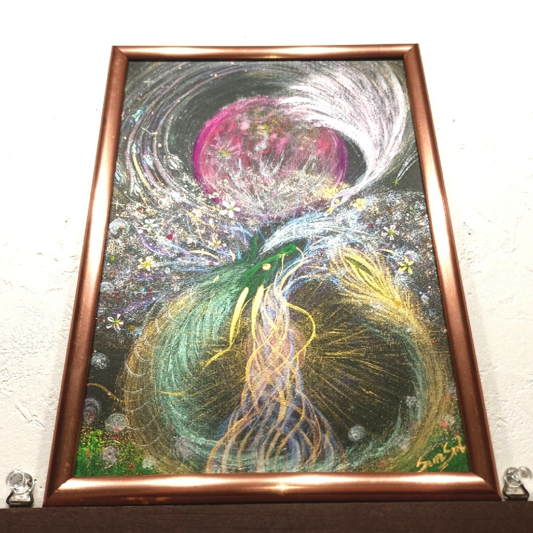 風水開運波動絵画*虹光アート/春色満月と星光樹〜龍と鳳凰 風水開運波動絵画*虹光アート/春色満月と星光樹〜龍と鳳凰