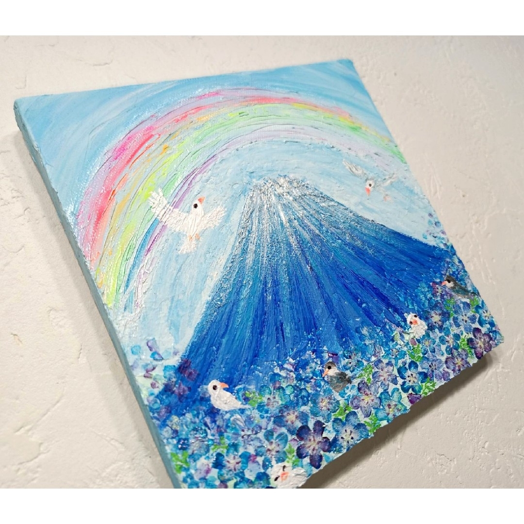季節の風水開運幸せ絵画*ネモフィラと富士~虹と文鳥~金運 季節の風水開運幸せ絵画*ネモフィラと富士~虹と文鳥~金運