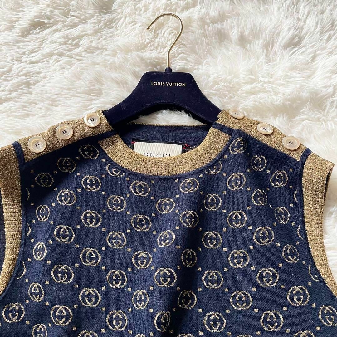 GUCCI - 美品 現行モデル グッチ ワンピース GG柄 総柄 紺 GUCCI - 美品 現行モデル グッチ ワンピース GG柄 総柄 紺