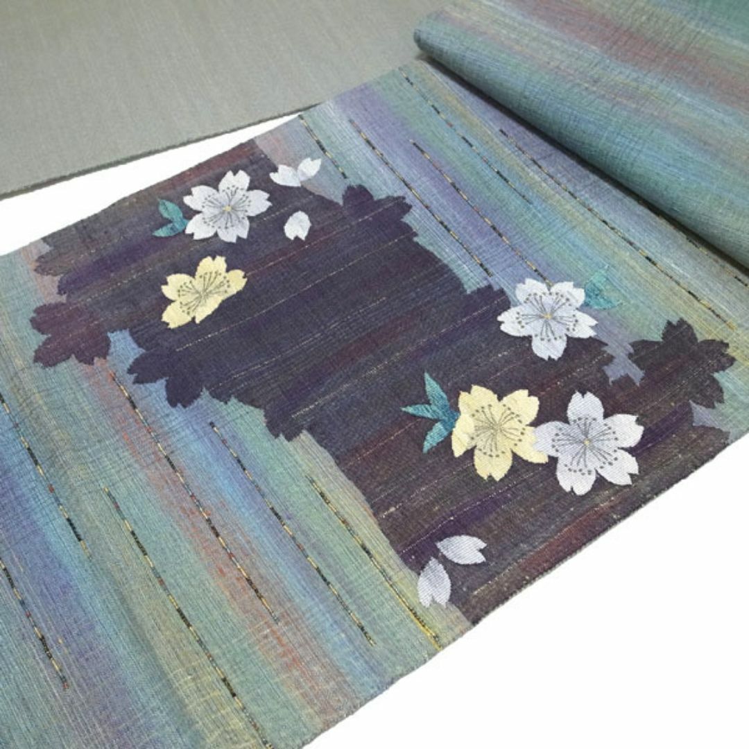 袋帯 緑 青 紫 桜 霞 シルエット 上質 春 カジュアル 中古 袋帯 緑 青 紫 桜 霞 シルエット 上質 春 カジュアル 中古