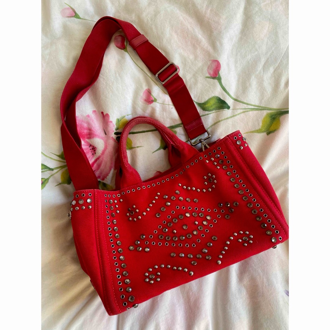 PRADA - プラダPRADAカナパ 赤レッドスタッズビジュー2way PRADA - プラダPRADAカナパ 赤レッドスタッズビジュー2way